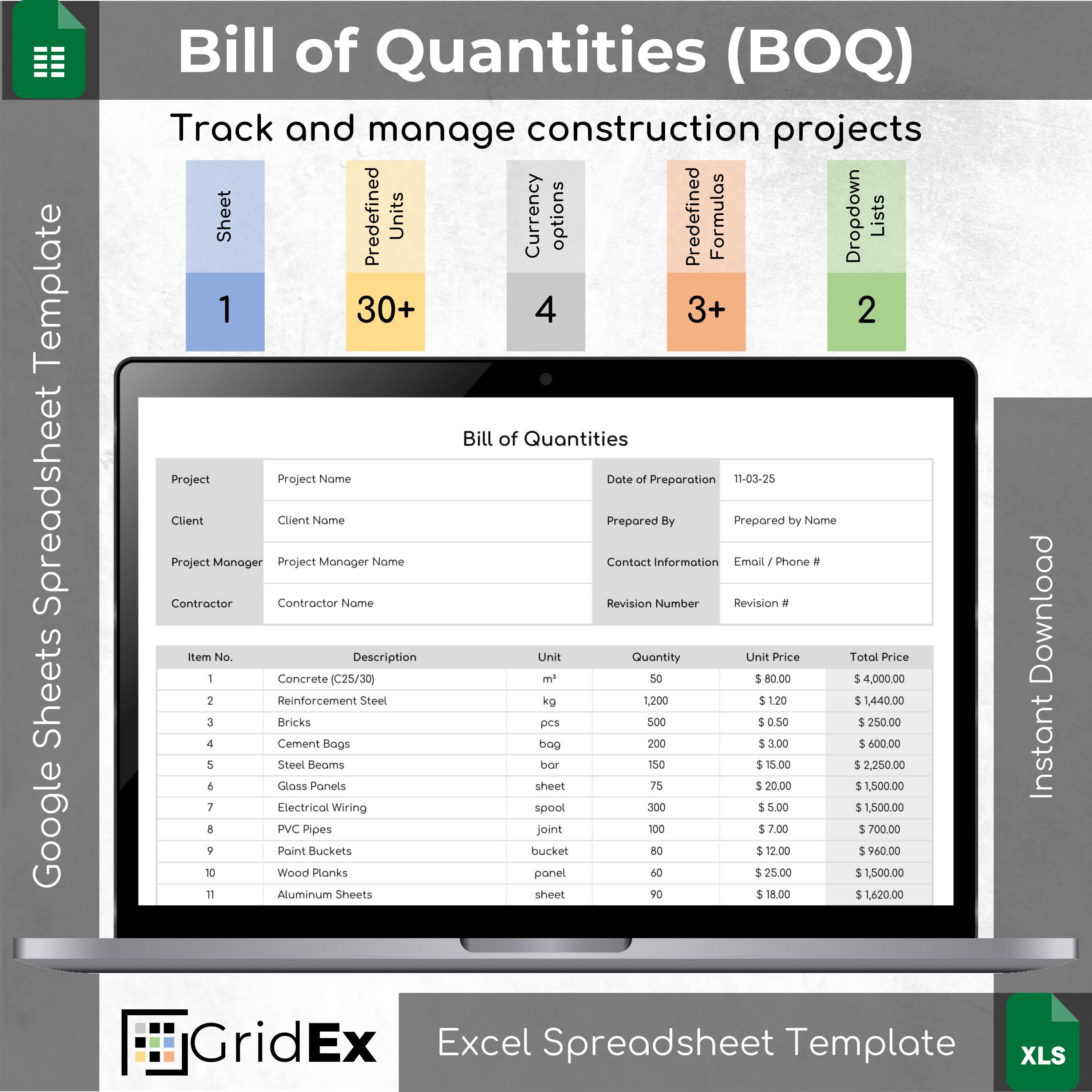 Bill of Quantities (BOQ) Template: Construction Cost Estimation (excel ...