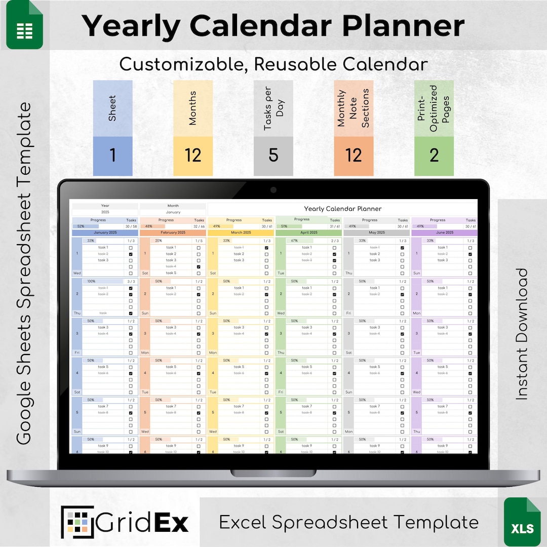 Yearly Calendar Planner Spreadsheet: Excel & Google Sheets (digital ...