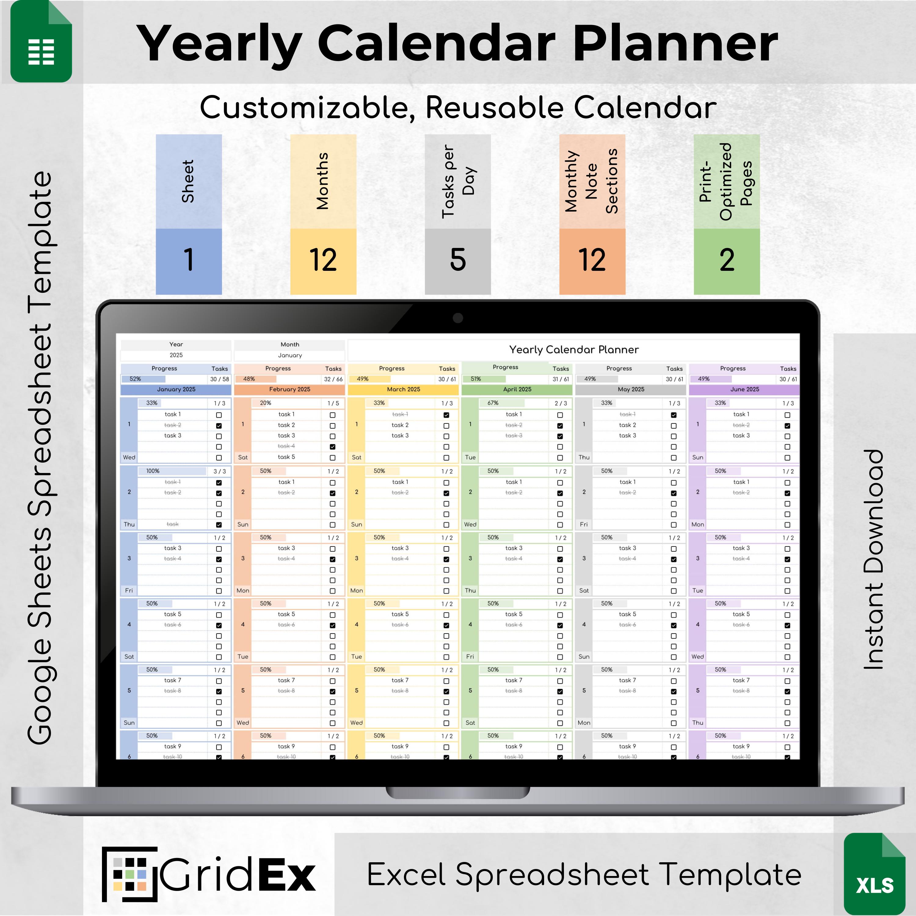 Yearly Calendar Planner Spreadsheet: Excel & Google Sheets (digital ...