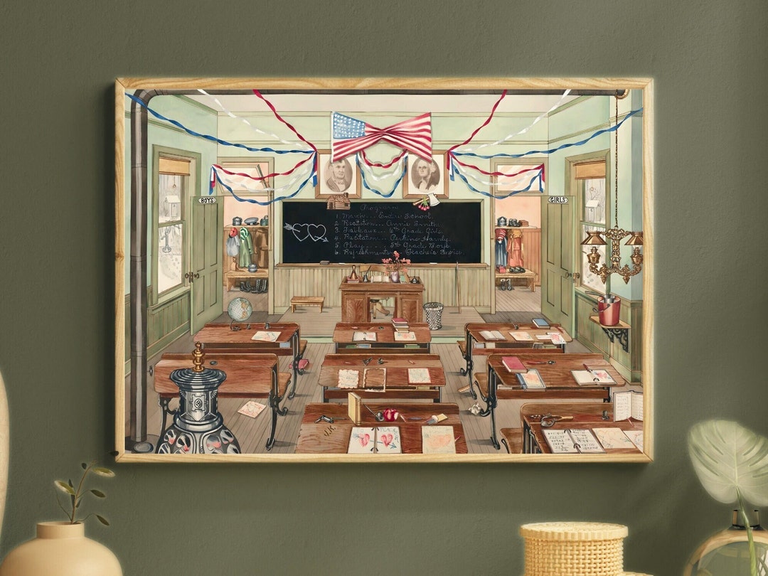 Vintage School Classroom Interior Scene Drawing Earthy - Etsy