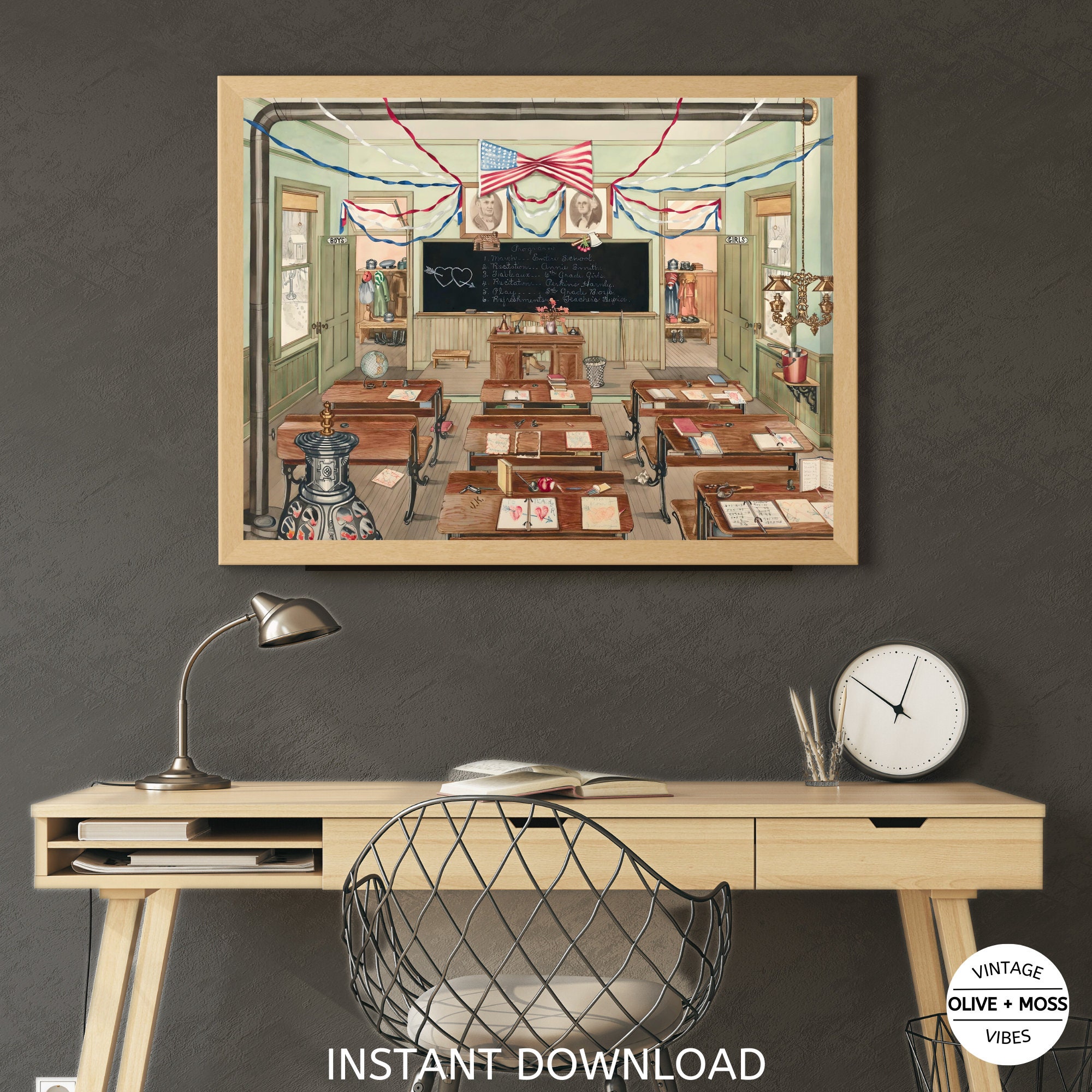 Vintage School Classroom Interior Scene Drawing Earthy - Etsy