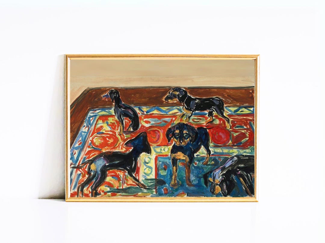 Edvard Munch Dog Print Five Puppies on the Carpet Painting Vintage ...