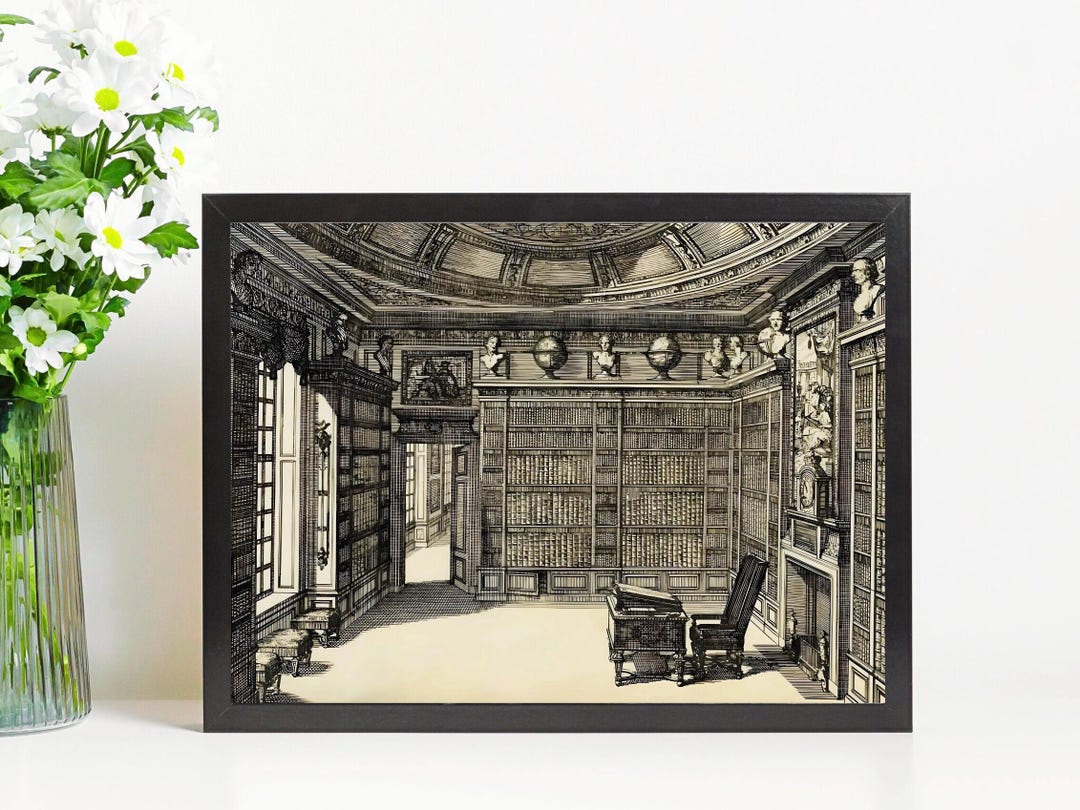 Vintage Library Print Dark Academia Printable Black and White Drawing ...