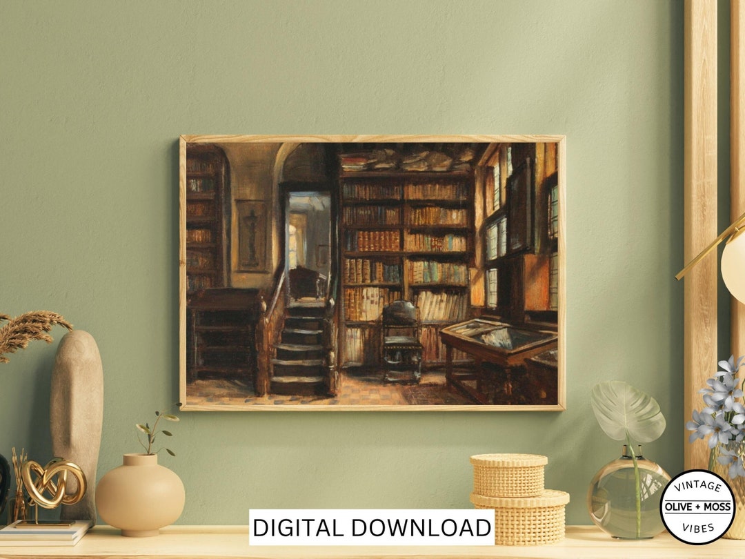 Vintage Library Print, Antique Still Life Painting, Moody Interior ...