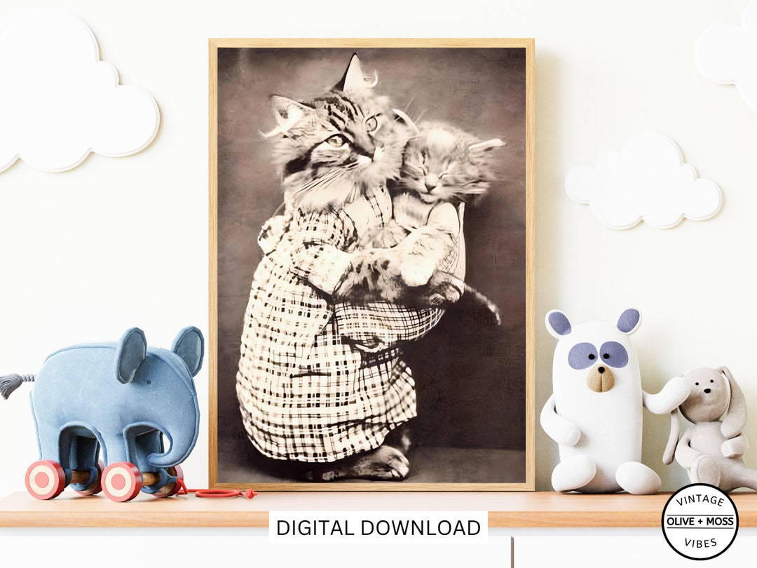 Vintage Katzen Kunst, schwarz weiß Foto, Mutter und Baby, anthropomorph, Kätzchen Kinderzimmer ...