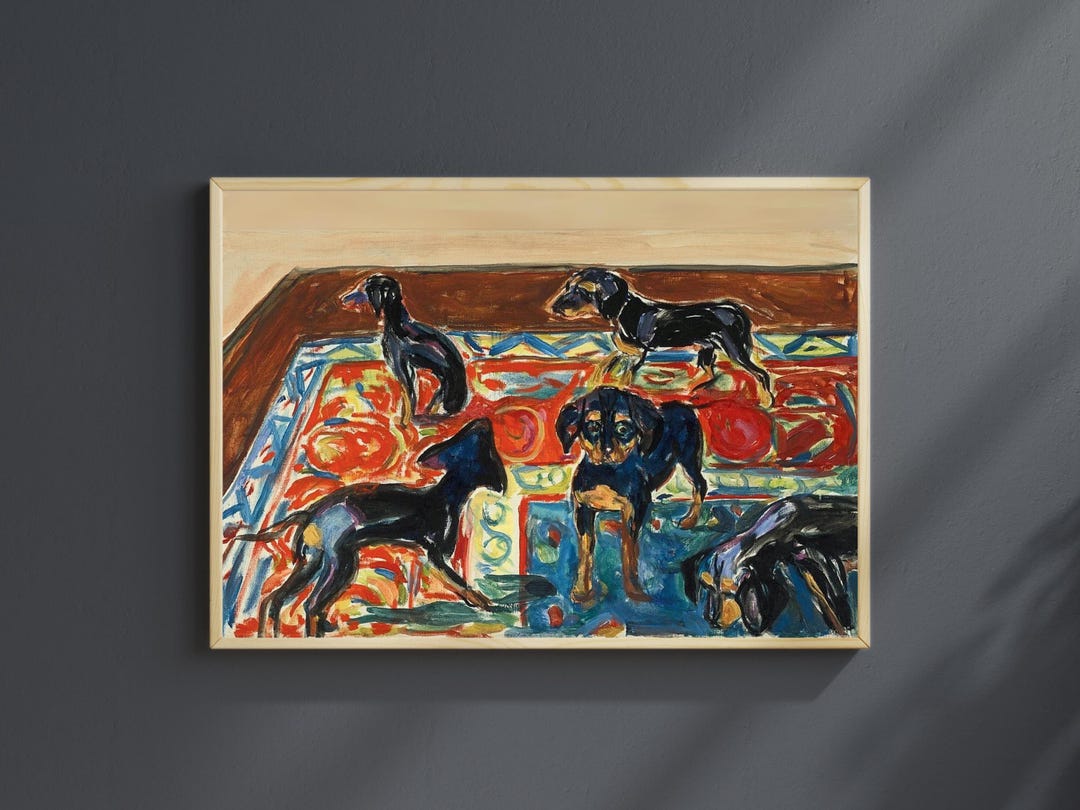 Vintage Dog Painting Edvard Munch Five Puppies on the Carpet Black Dog ...
