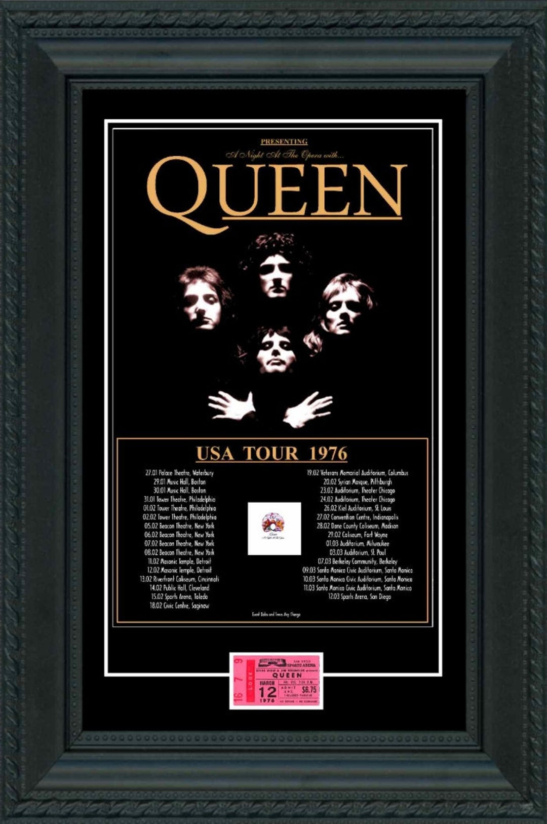 Queen 1976 Concert Poster & Ticket Ready to Frame! Historic. Opera Tour ...