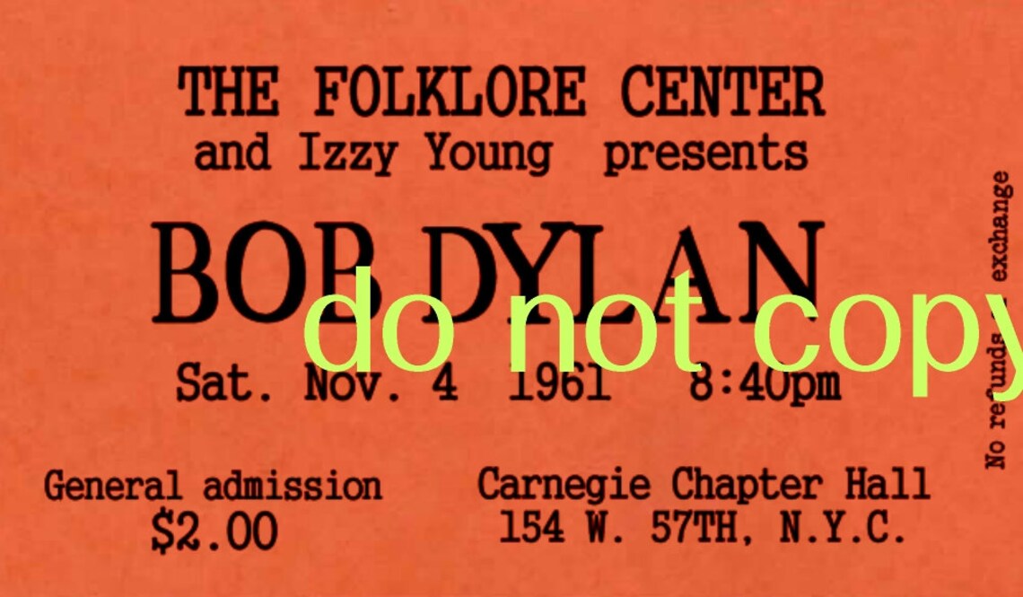 Bob Dylan FIRST CONCERT EVER! 1961 Concert Poster + Ticket. Ready to ...