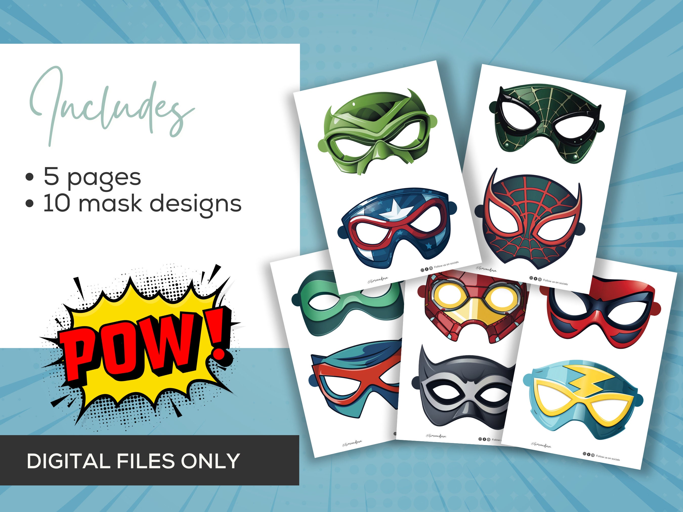 Superhero Printable Masks for Kids - Set of 10 Cut Out Masks for ...