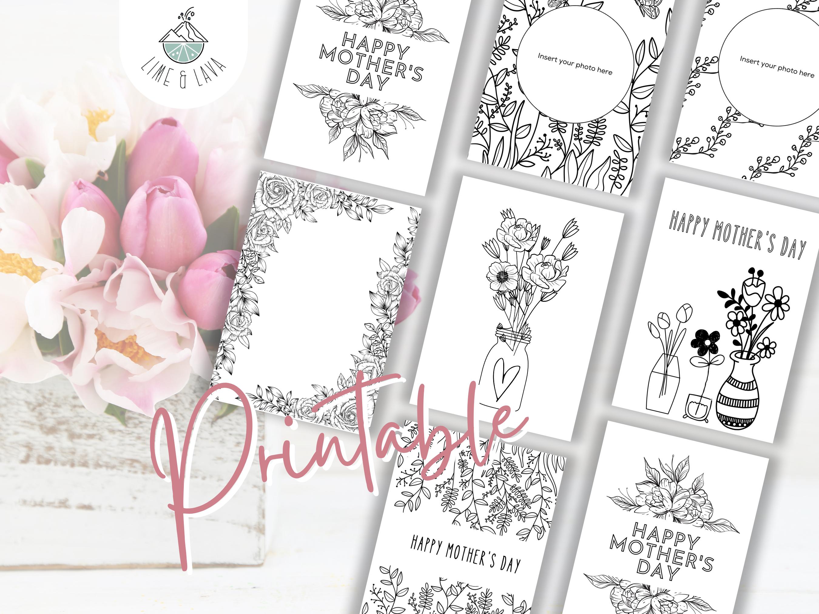 Mother's Day DIY Colour in Printable Cards - Set of 7 Floral Designs ...
