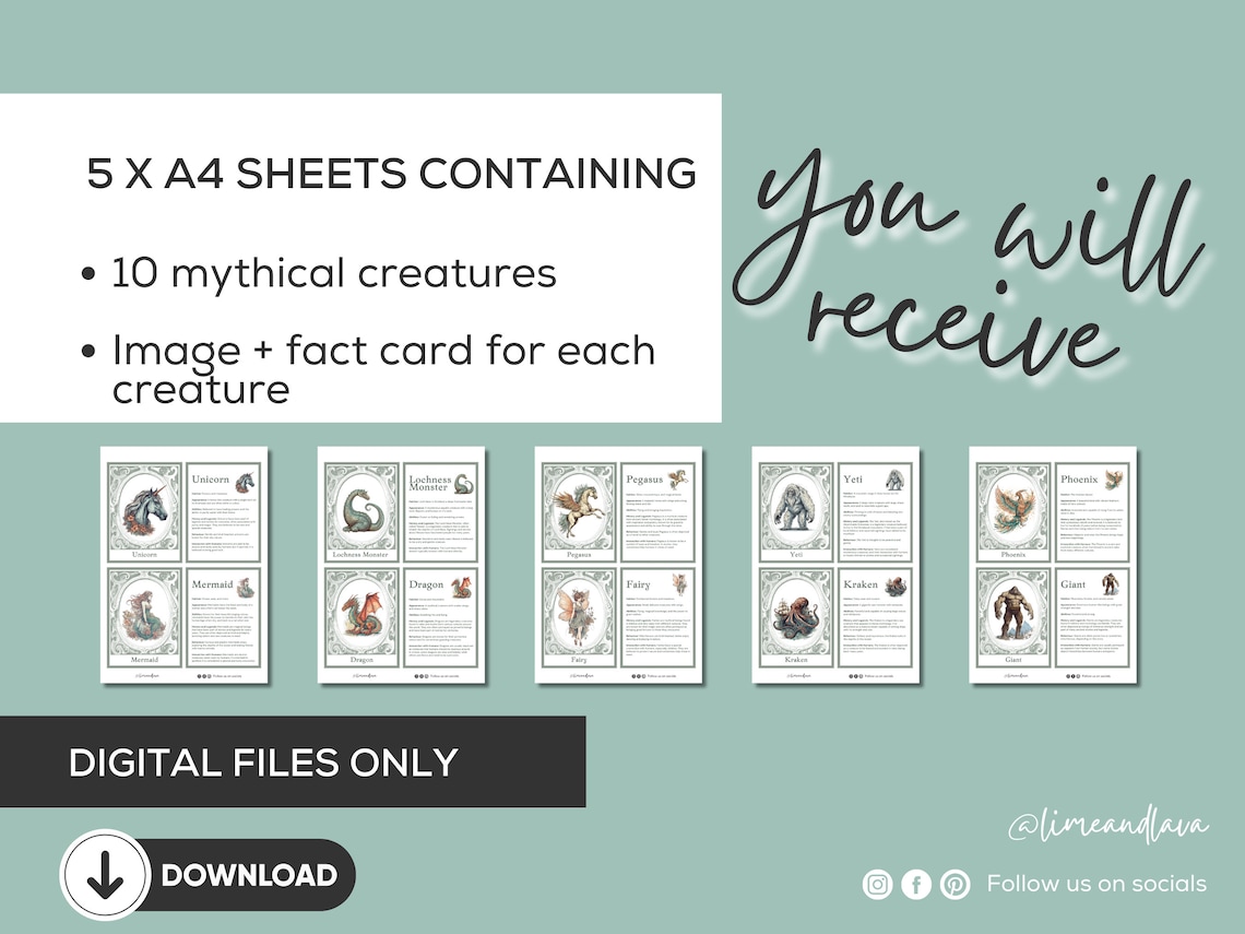 Mythical Creature Fact Cards Set of 20 Printable Educational - Etsy ...