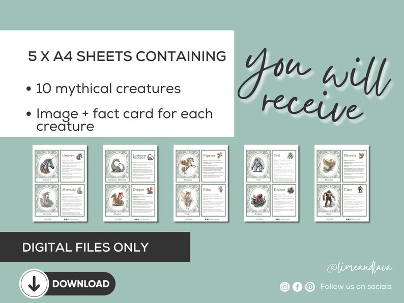 Mythical Creature Fact Cards - Set of 20 Printable Educational Cards ...