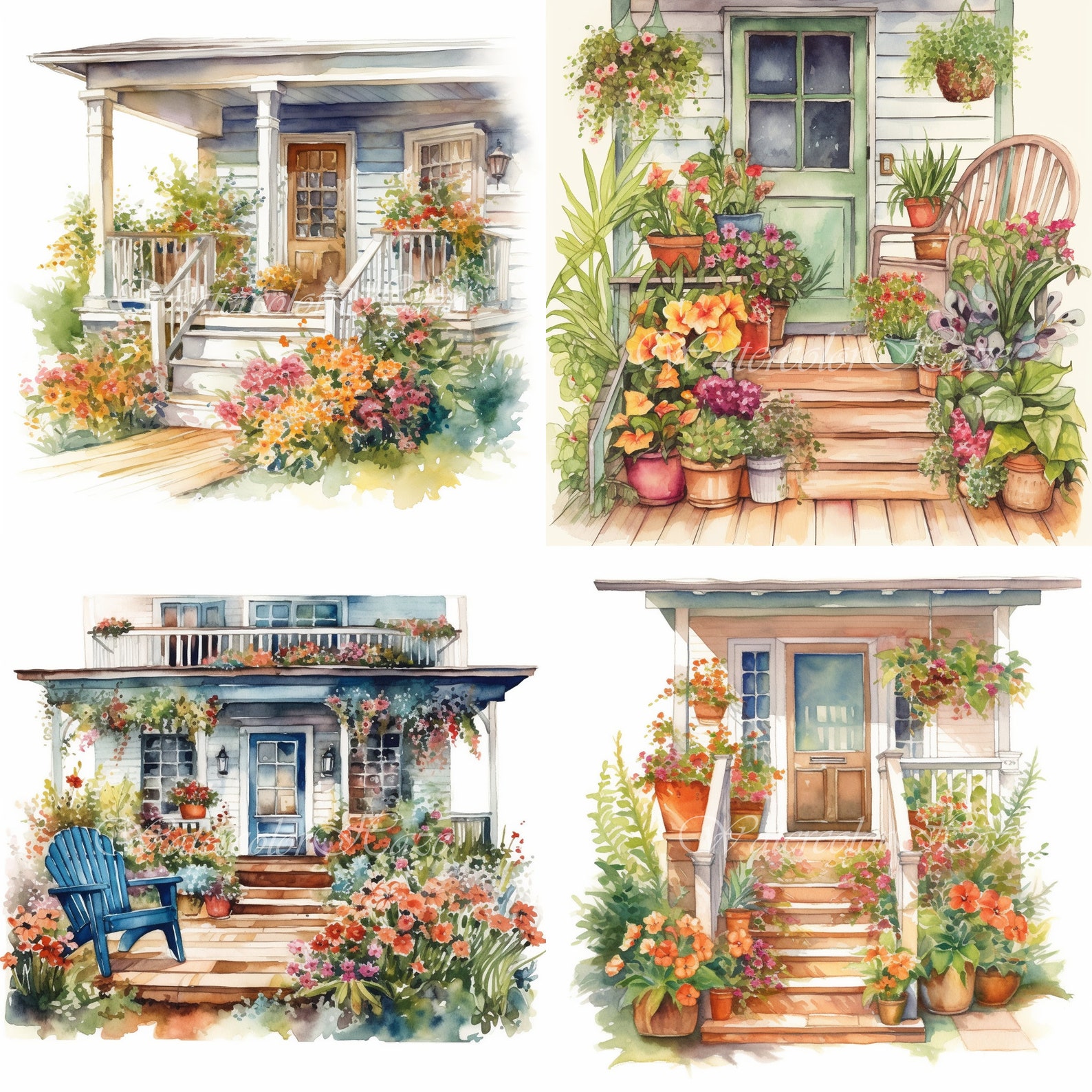 Set of 4 Watercolor Porches Digital Downloads, Clip Art, Card Making ...