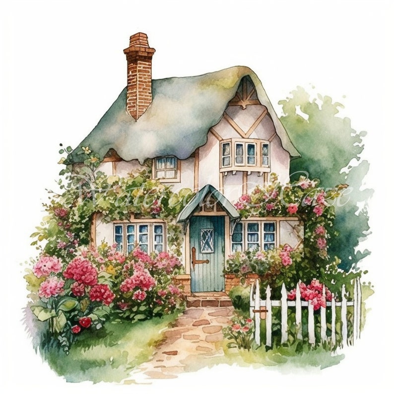 English Country Cottages With Garden Rural European Digital Prints 4 ...