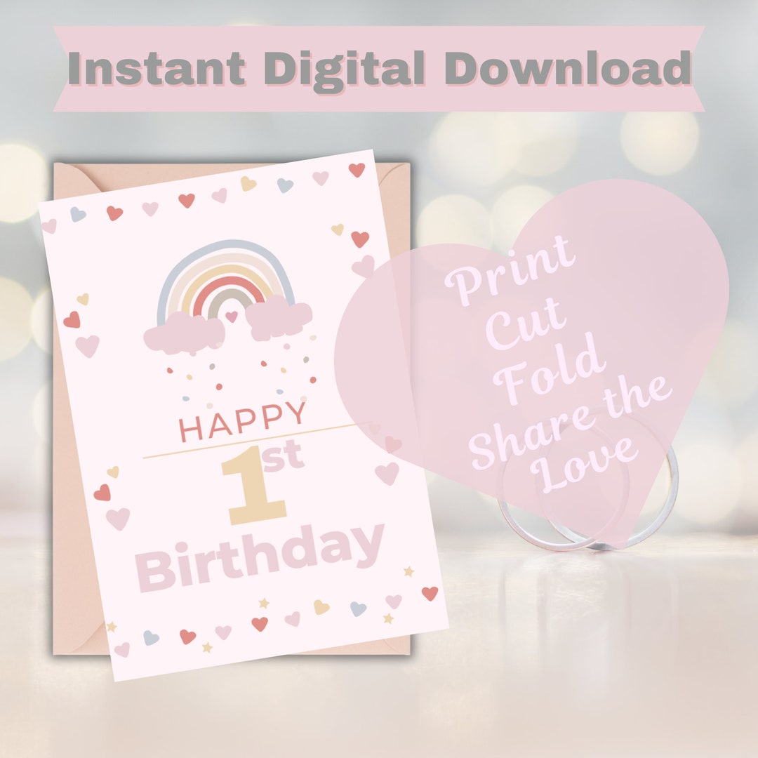 Girls 1st Birthday Card Instant Download Rainbows and Hearts - Etsy