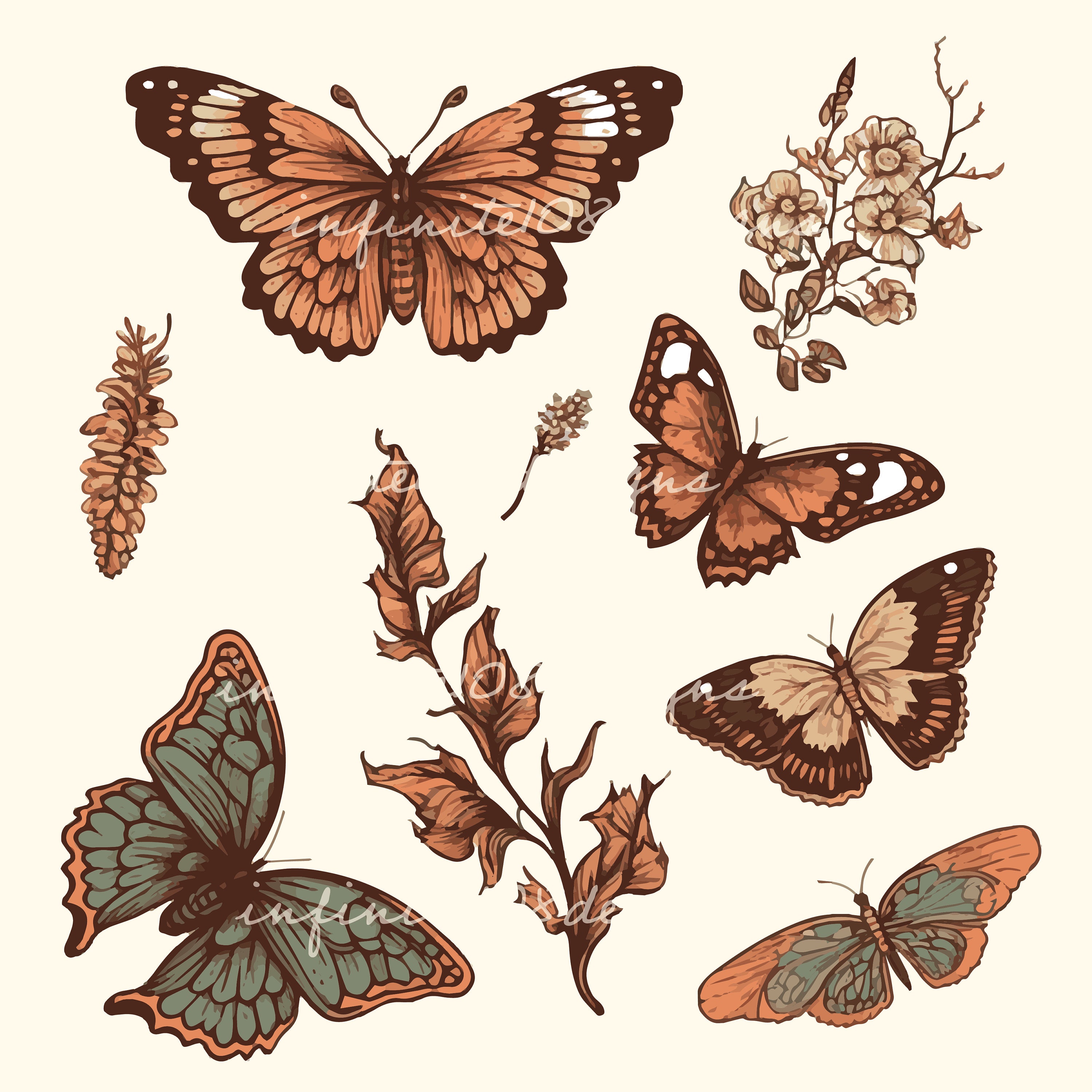 Boho Butterfly & Twig Clip Art: Whimsical PNG SVG PDF Images - Etsy