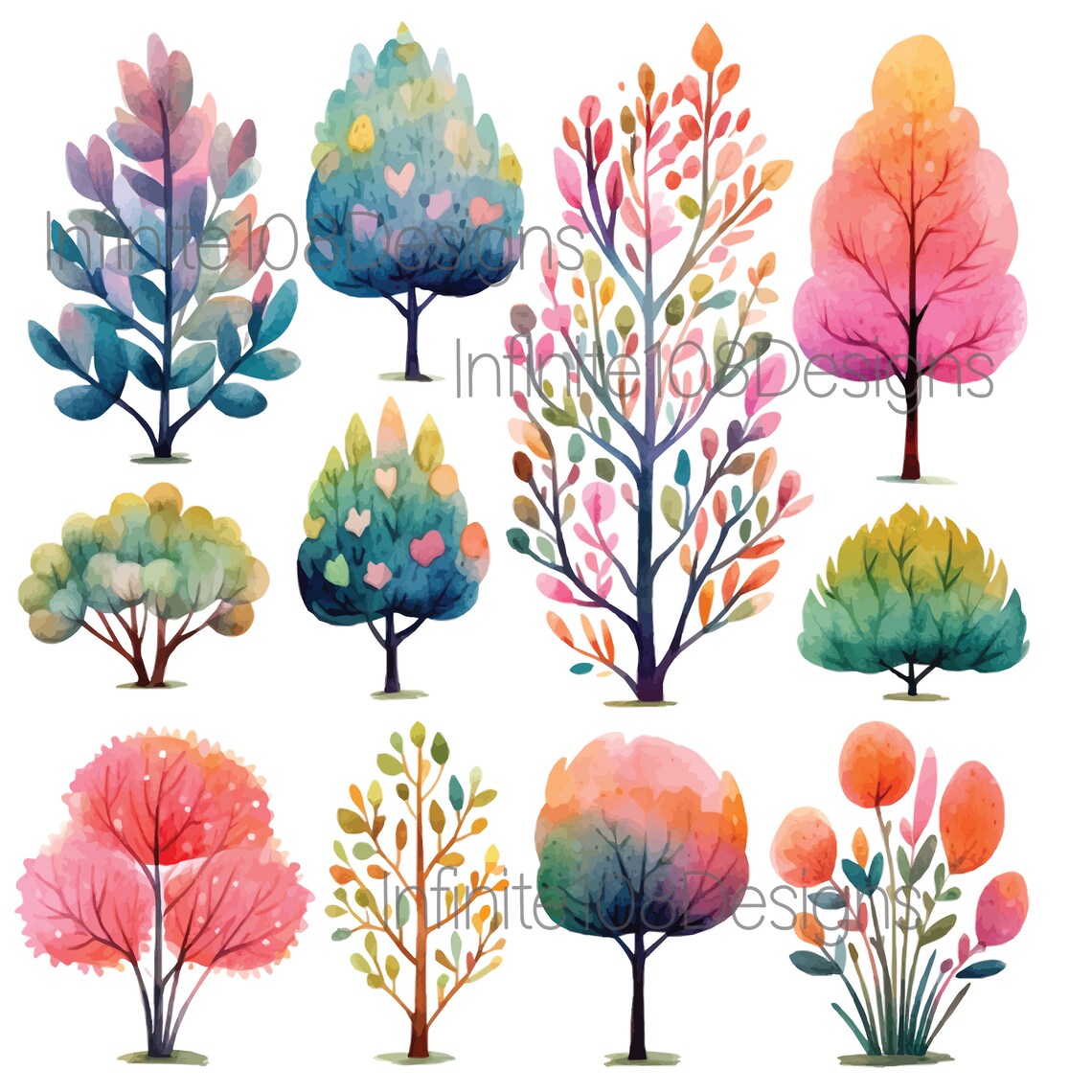 Whimsical Watercolor Trees Clip Art: Boho Forest PNG SVG PDF (122 ...