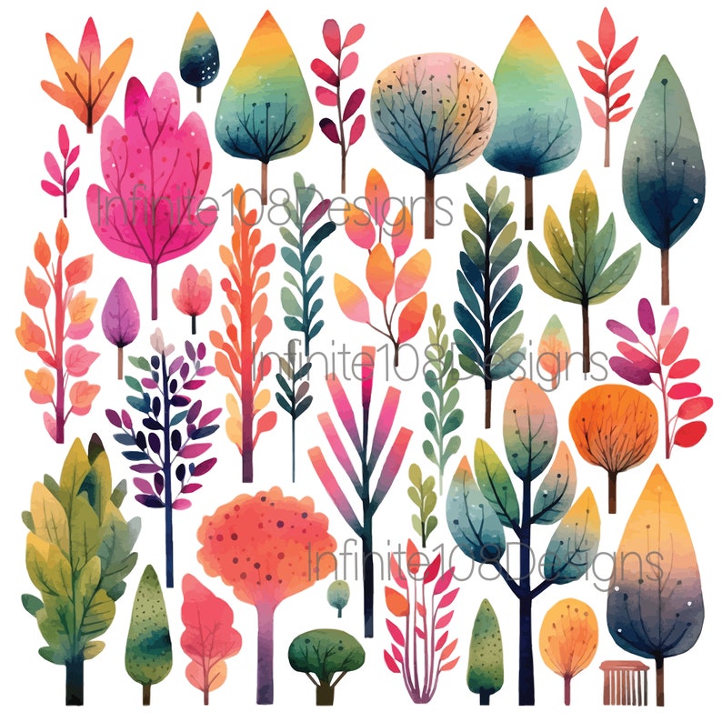 Whimsical Watercolor Trees Clip Art: Boho Forest PNG SVG PDF (122 ...