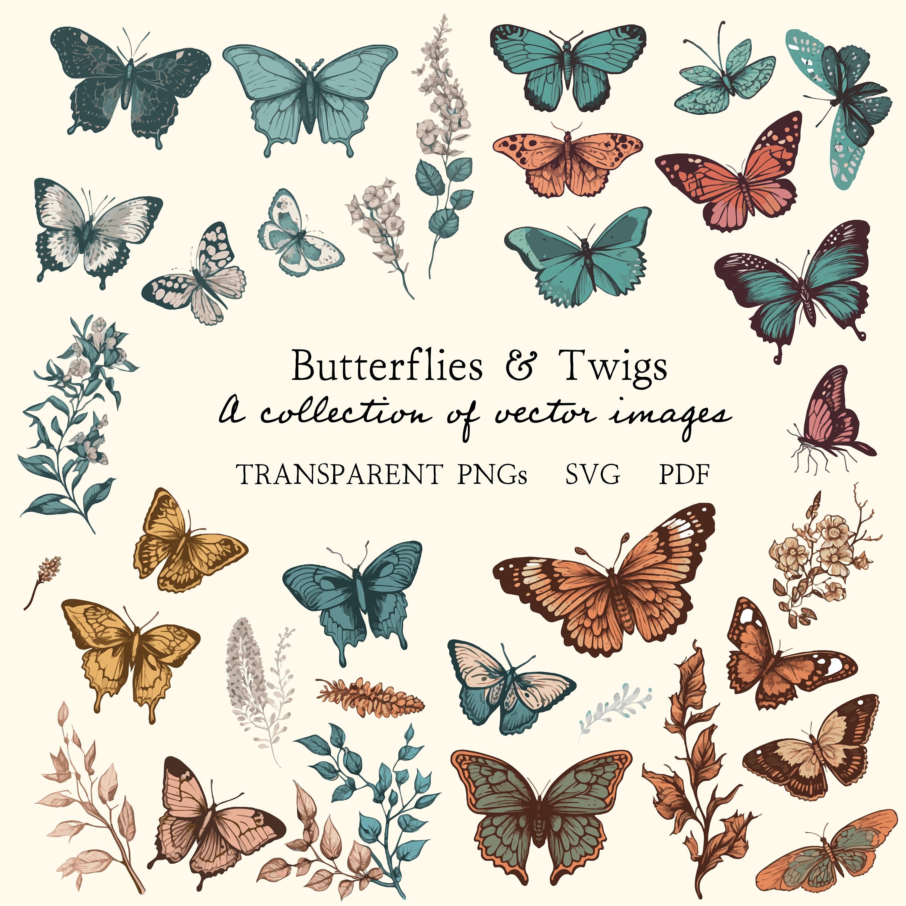 Boho Butterfly & Twig Clip Art: Whimsical PNG SVG PDF Images - Etsy