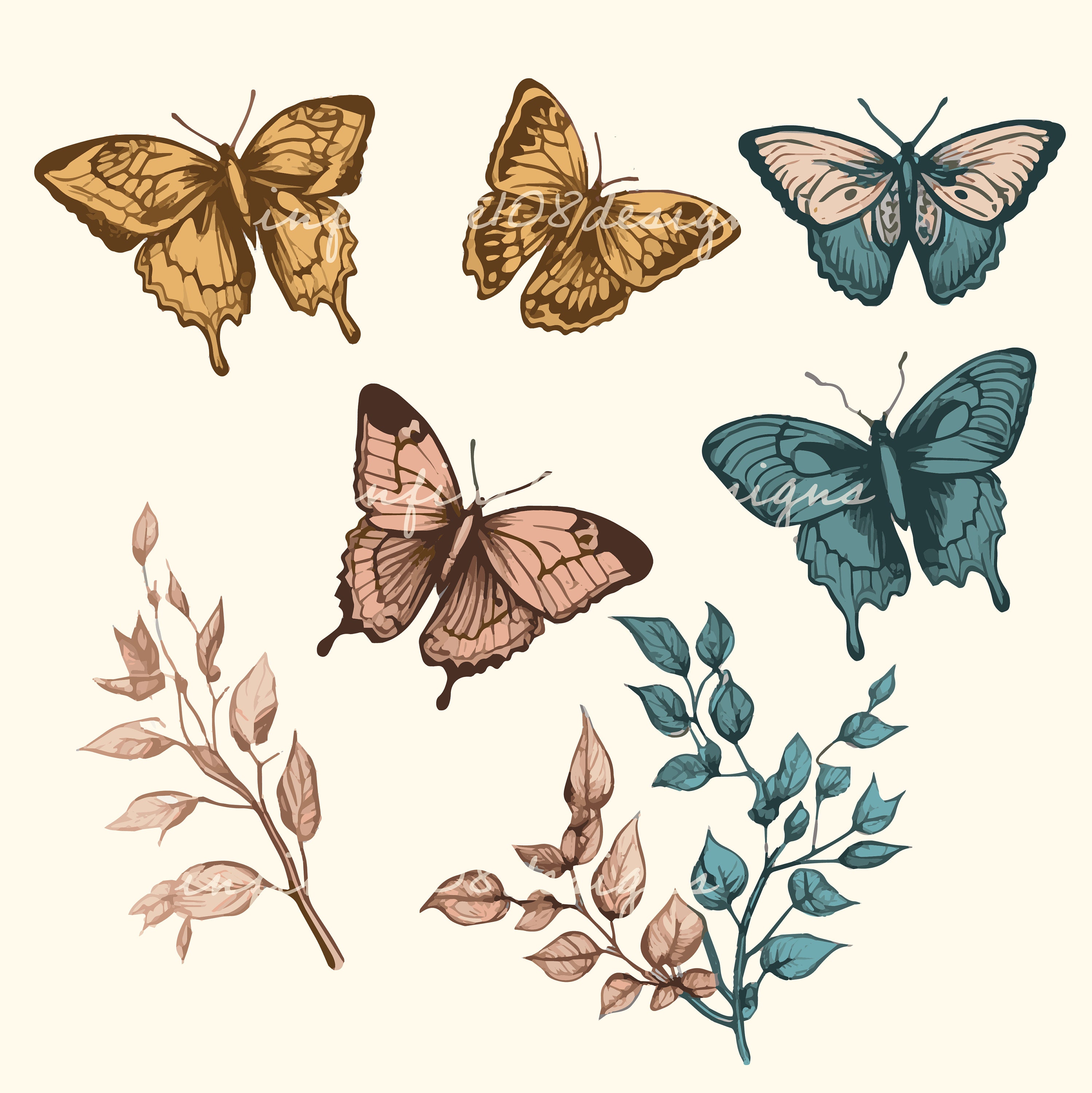 Boho Butterfly & Twig Clip Art: Whimsical PNG SVG PDF Images - Etsy