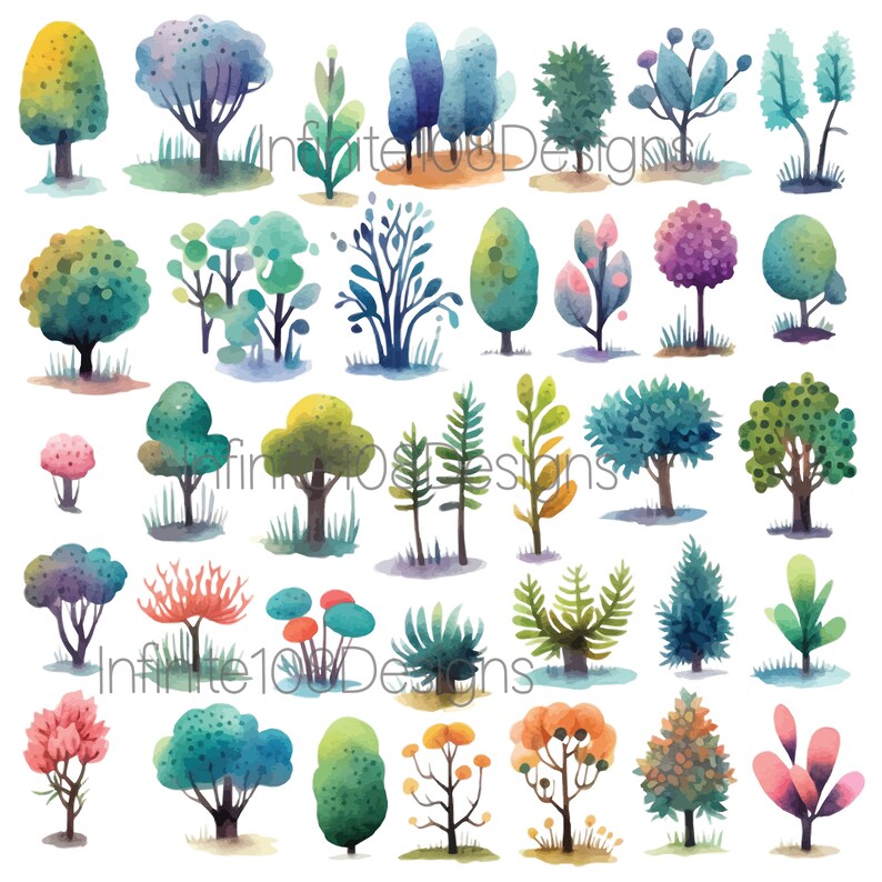 Whimsical Watercolor Trees Clip Art: Boho Forest PNG SVG PDF (122 ...