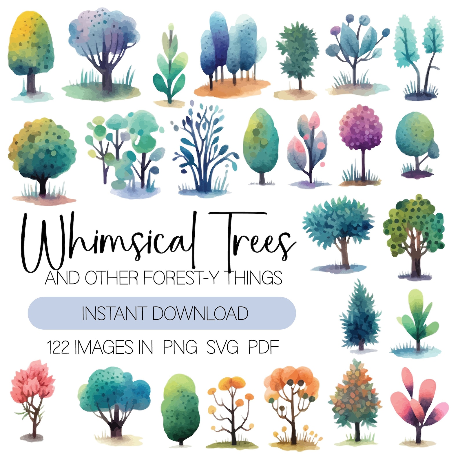 Whimsical Watercolor Trees Clip Art: Boho Forest PNG SVG PDF (122 ...
