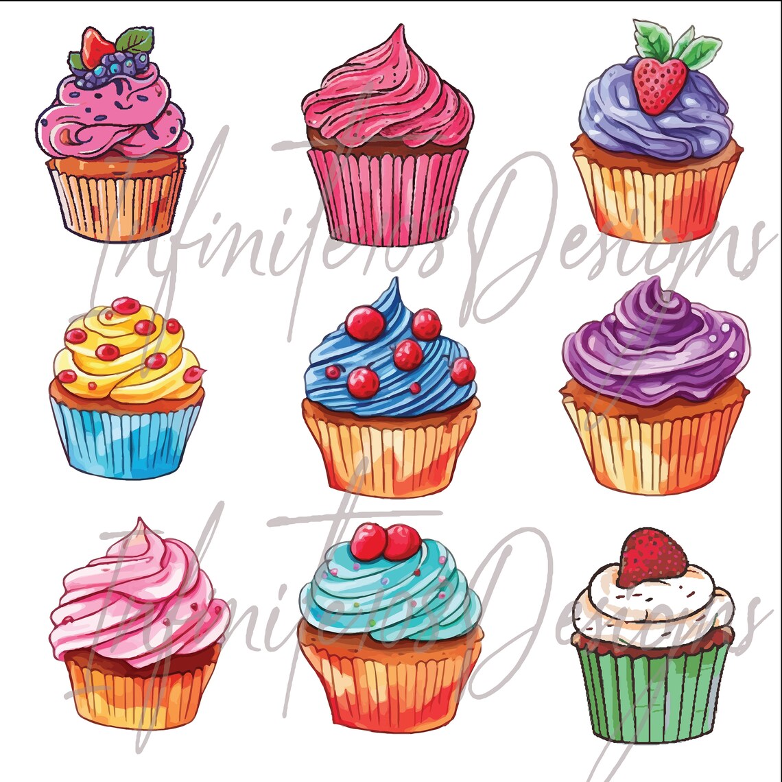 30 Cupcakes Vector Clip Art Collection Whimsical Style Drawn Images ...