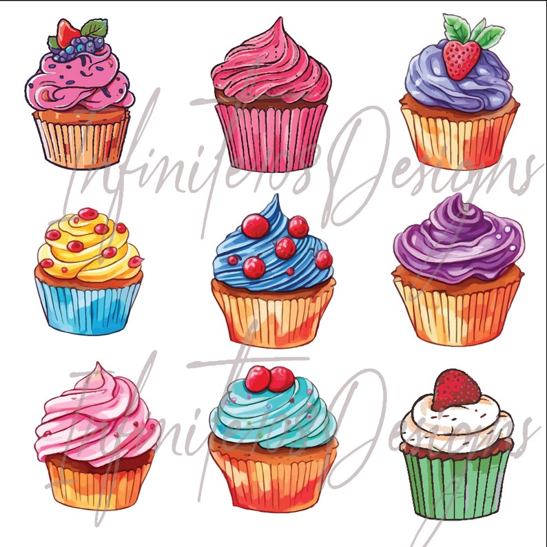 30 Cupcakes Vector Clip Art Collection - Whimsical Style Drawn Images ...