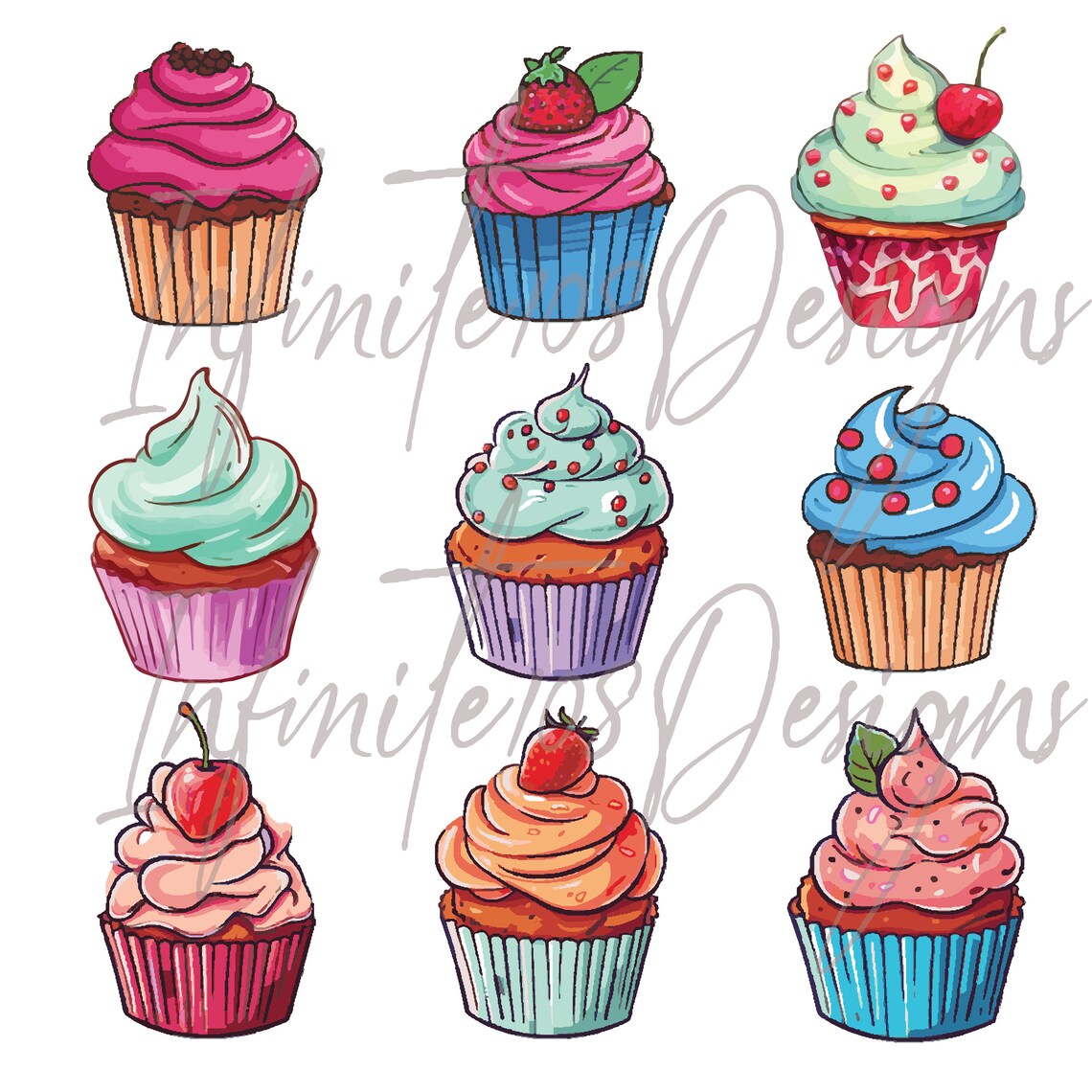 30 Cupcakes Vector Clip Art Collection Whimsical Style Drawn Images ...