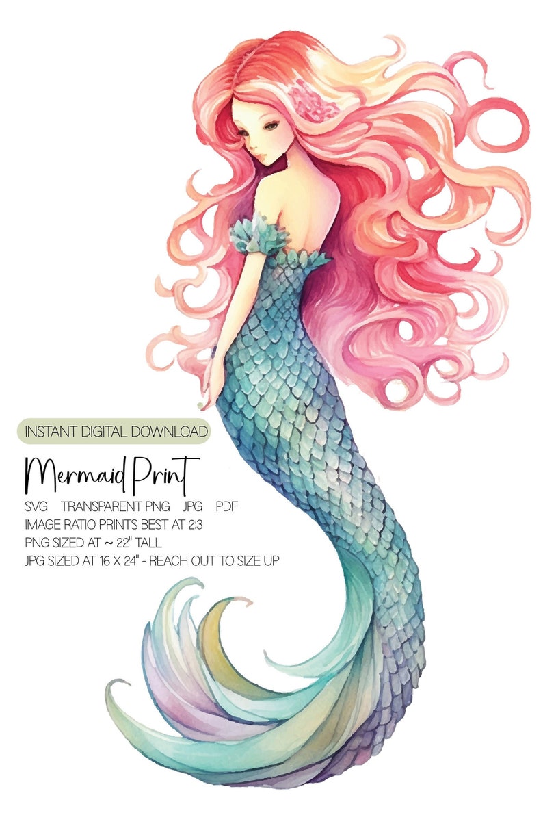 Mermaid Print & Transparent PNG | Commercial Use OK | Instant Digital ...