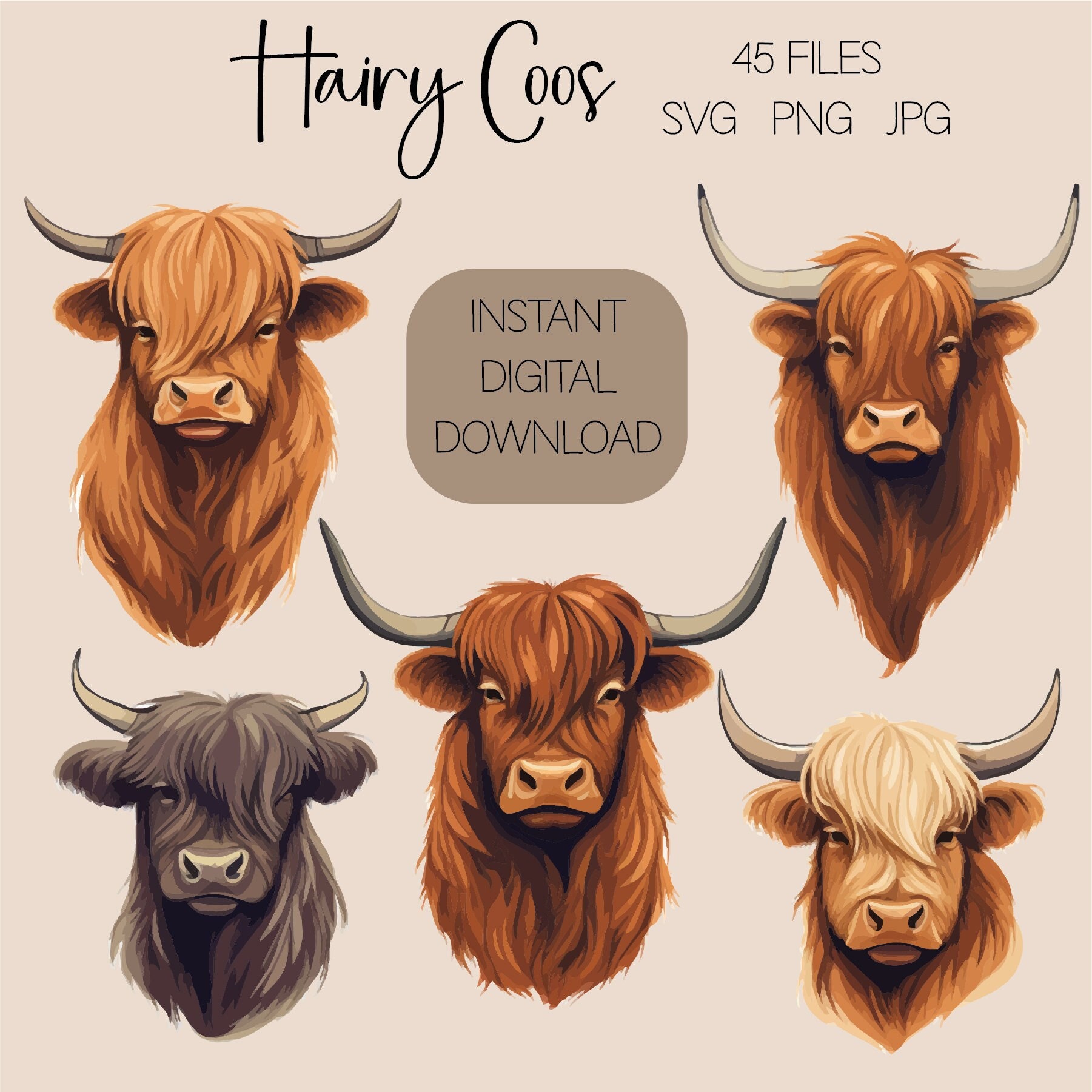 15 Hairy Coos Clip Art Collection Whimsical Style Drawn Images ...