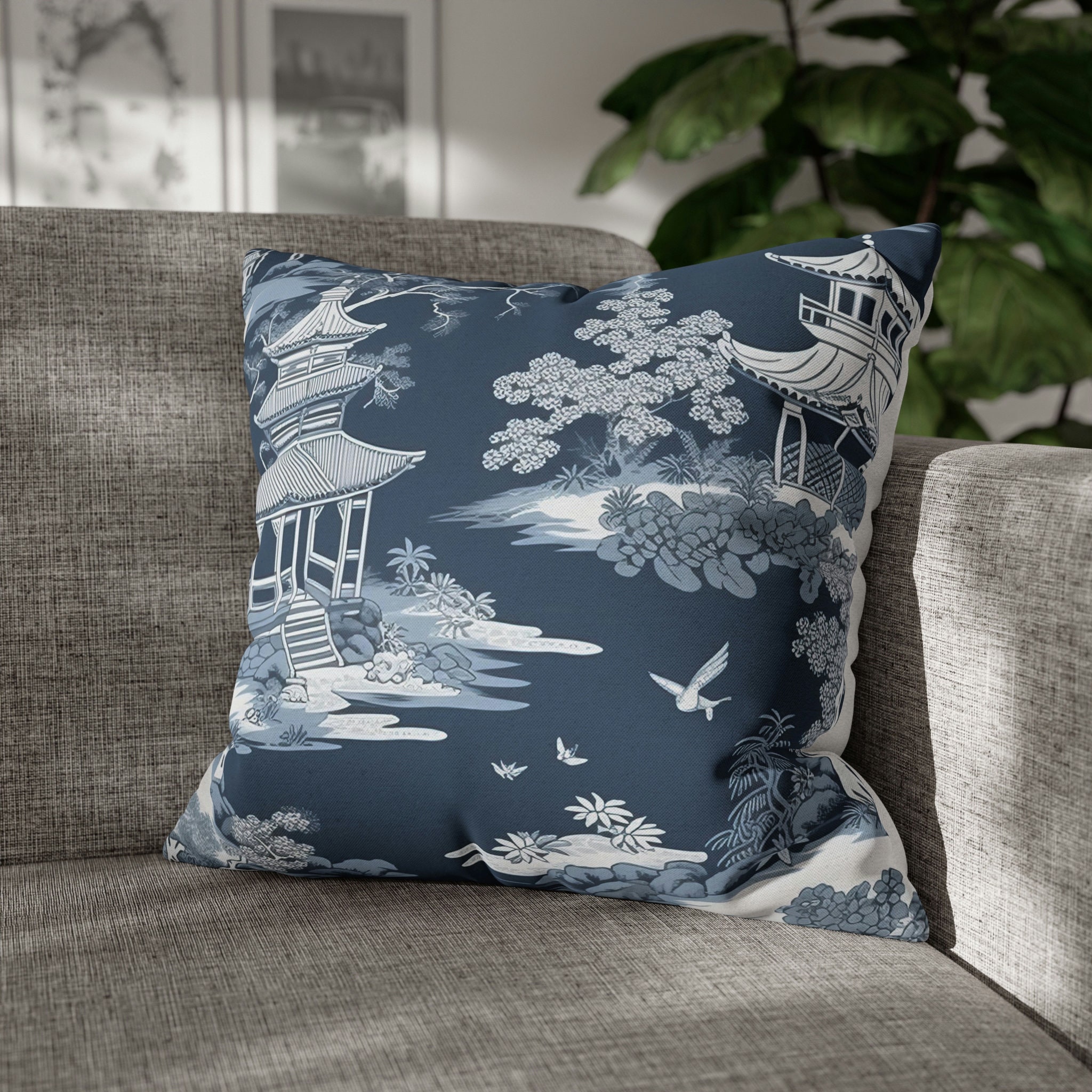 Blue White Chinoiserie Asian Theme Square Decorative Throw Pillow Case ...