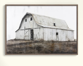 Rustic White Barn Autumn Landscape Art Print- Vintage Farmhouse Wall ...
