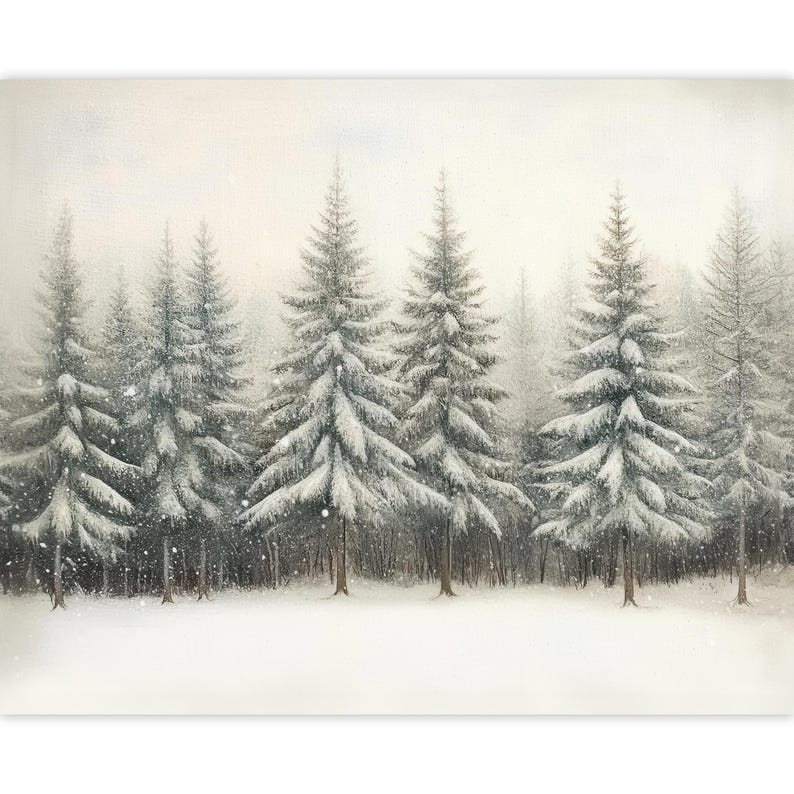 Winter Snowy Pine Tree Digital Art | Snowy Forest Printable Wall Decor ...