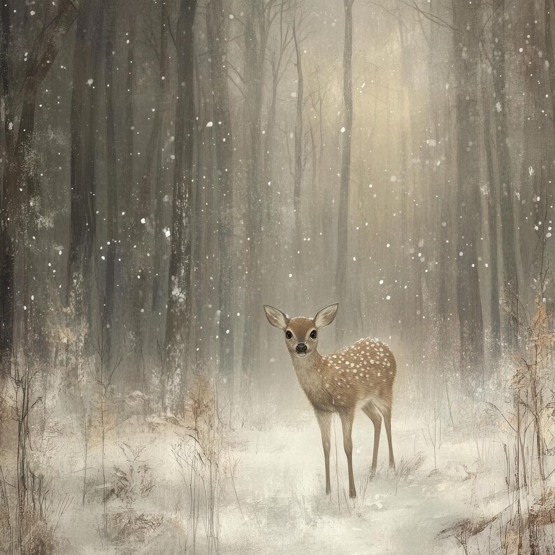 Winter Woodland Fawn Digital Ready-to-print Art Rustic Forest Printable ...