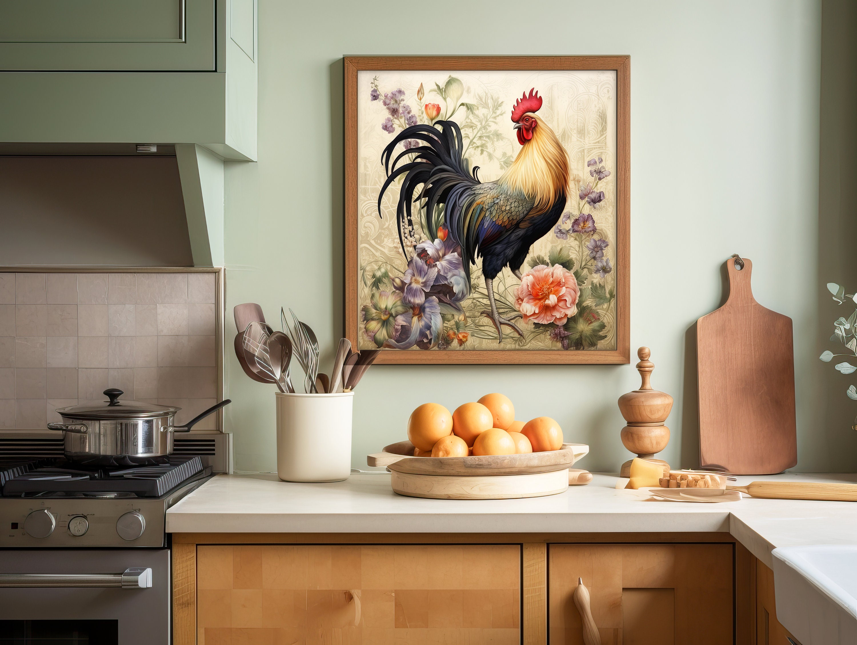 Rooster and Flowers Art Print - Vibrant Colors Farmhouse Rustic Decor ...