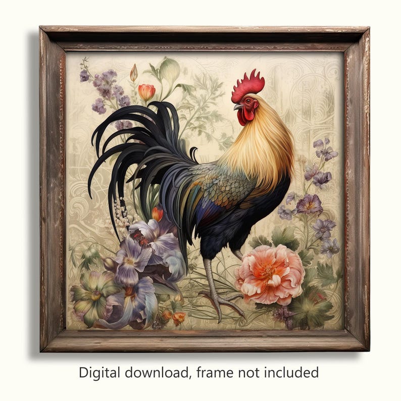 Rooster and Flowers Art Print - Vibrant Colors Farmhouse Rustic Decor ...