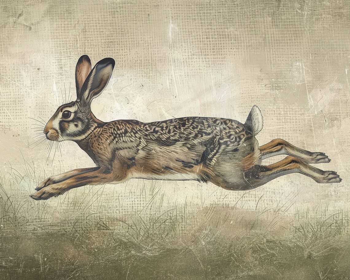 Rabbit Running Art Print Vintage Woodland Leaping Hare Download High ...