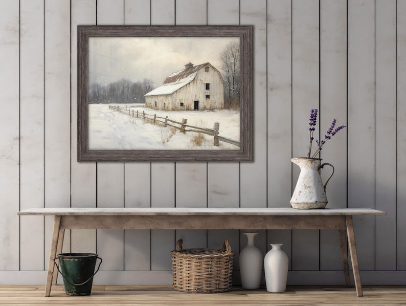 Rustic Snowy Barn Winter Scene | Country Farmhouse Printable Wall Art ...