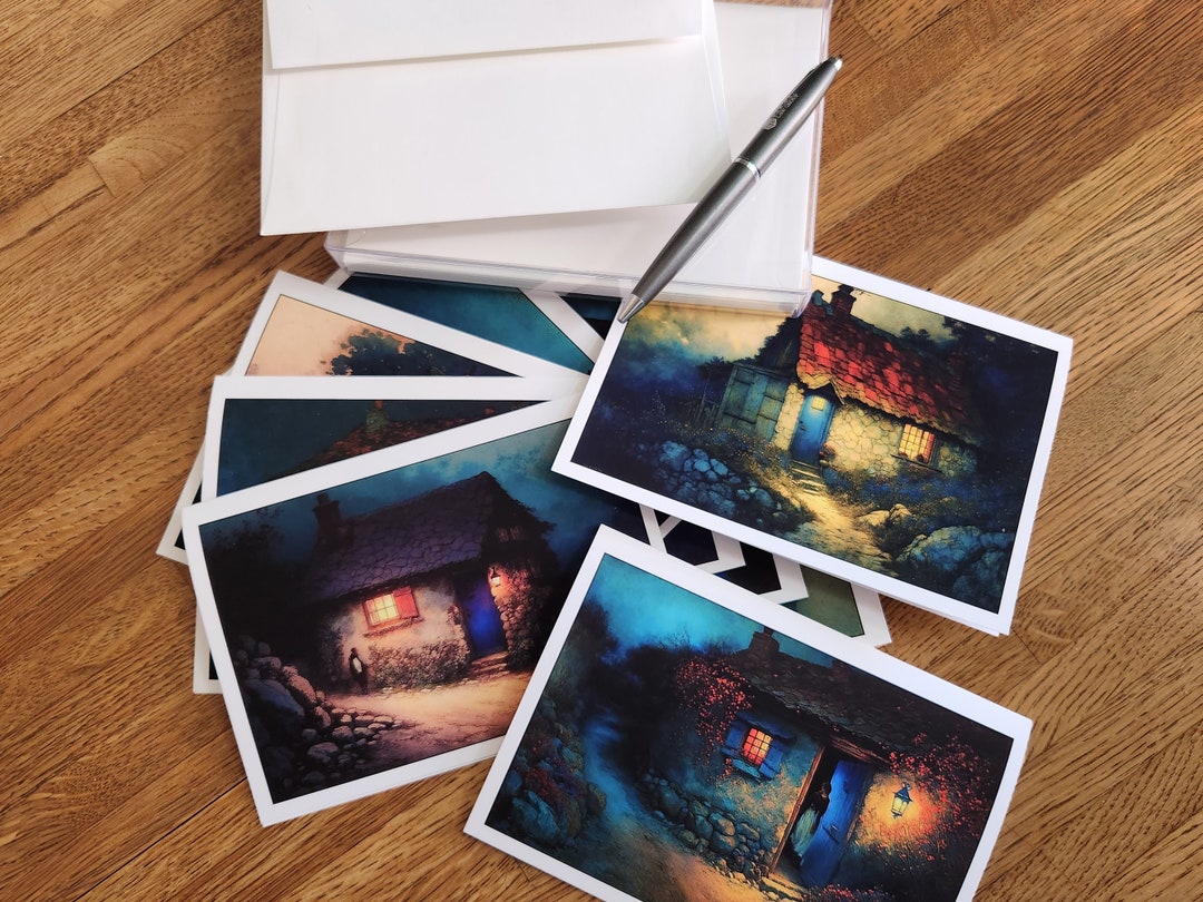 Cozy Cabin Note Cards Fairy Tale Whimsical Blank Cards Vibrant Colorful ...