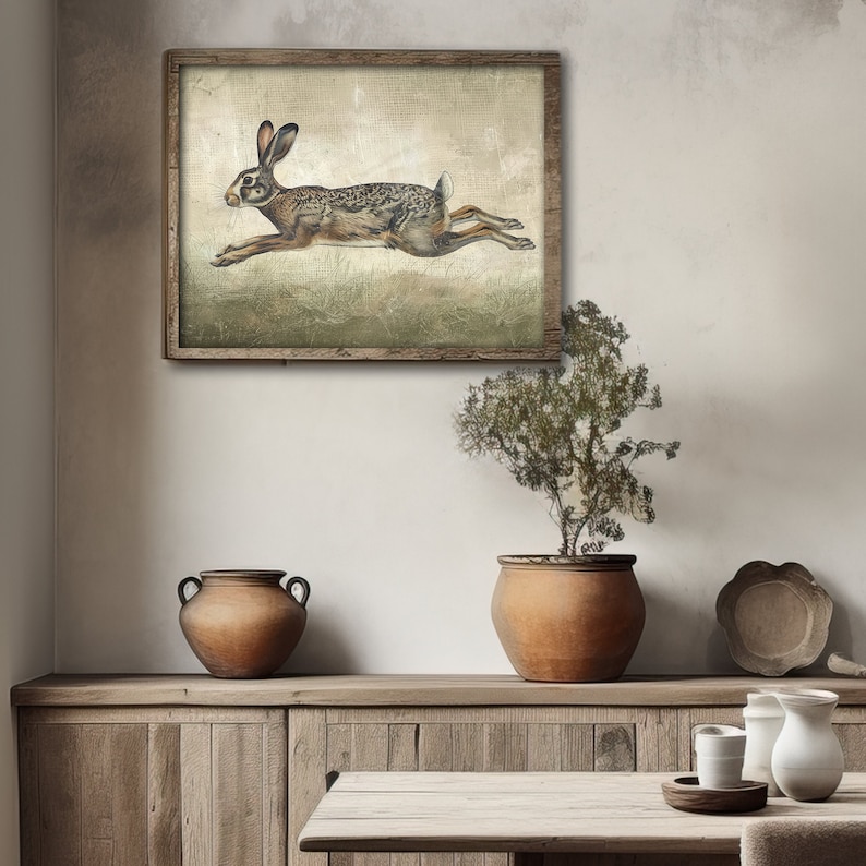 Rabbit Running Art Print Vintage Woodland Leaping Hare Download High ...