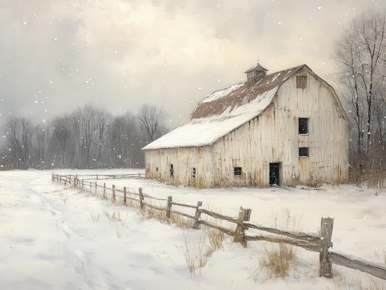 Rustic Snowy Barn Winter Scene | Country Farmhouse Printable Wall Art ...