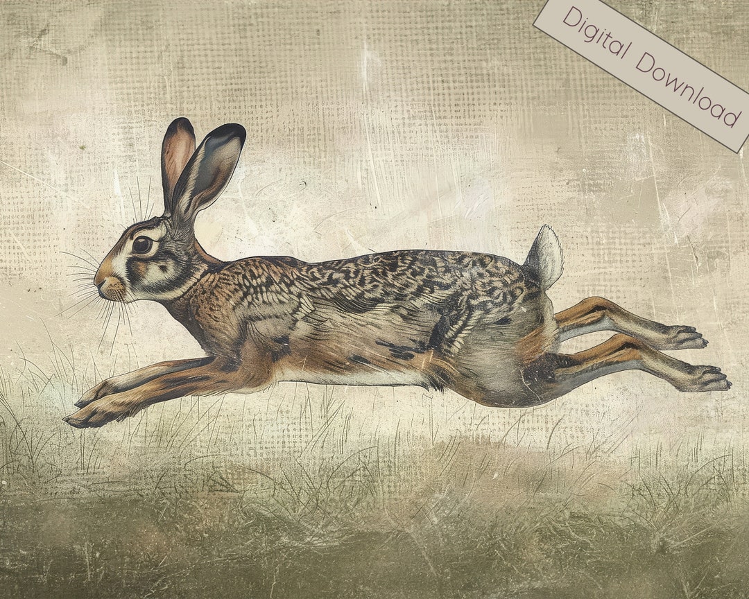 Rabbit Running Art Print Vintage Woodland Leaping Hare Download High ...