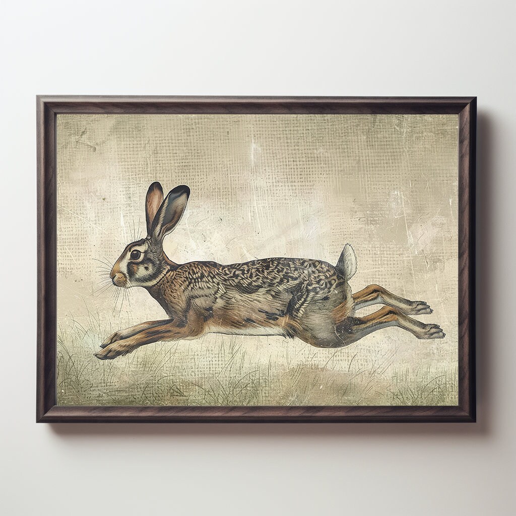 Rabbit Running Art Print - Vintage Woodland Leaping Hare Download ...