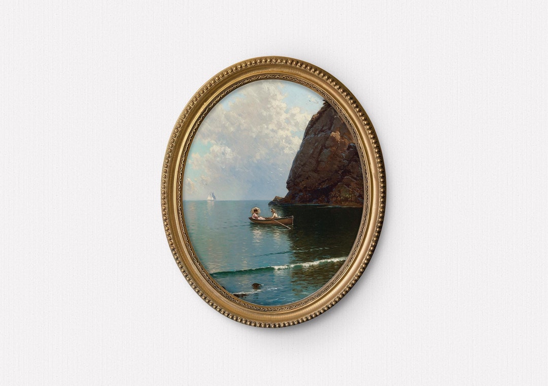 Oval Art Print, Vintage Coastal Landscape Painting, Round Canoe Art ...