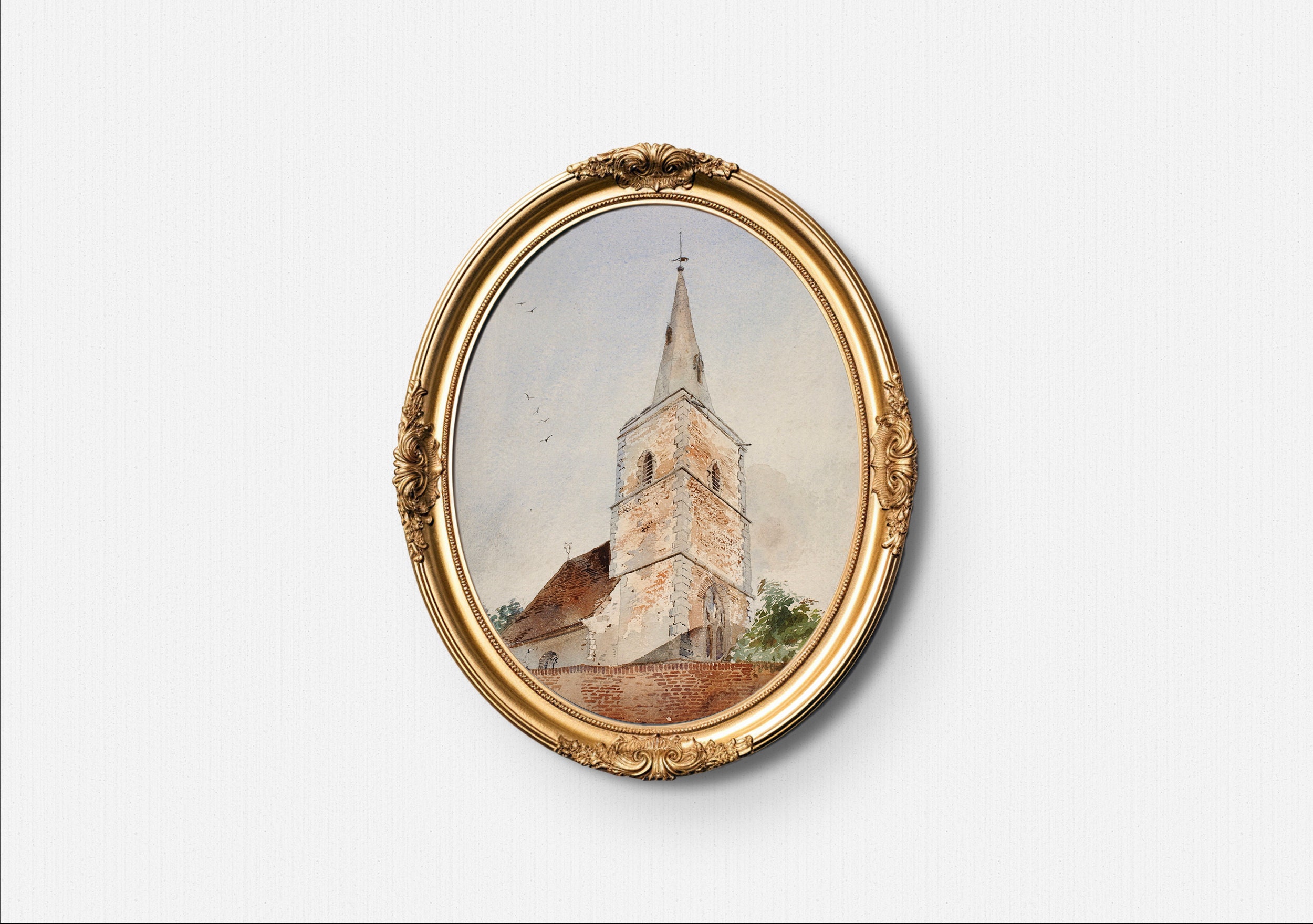 Oval Unframed Art Print, Vintage Church Painting Print, Round Art Print ...
