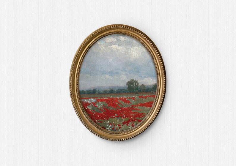 Oval Art Print, Vintage Landscape Painting, Round Flower Field Art ...