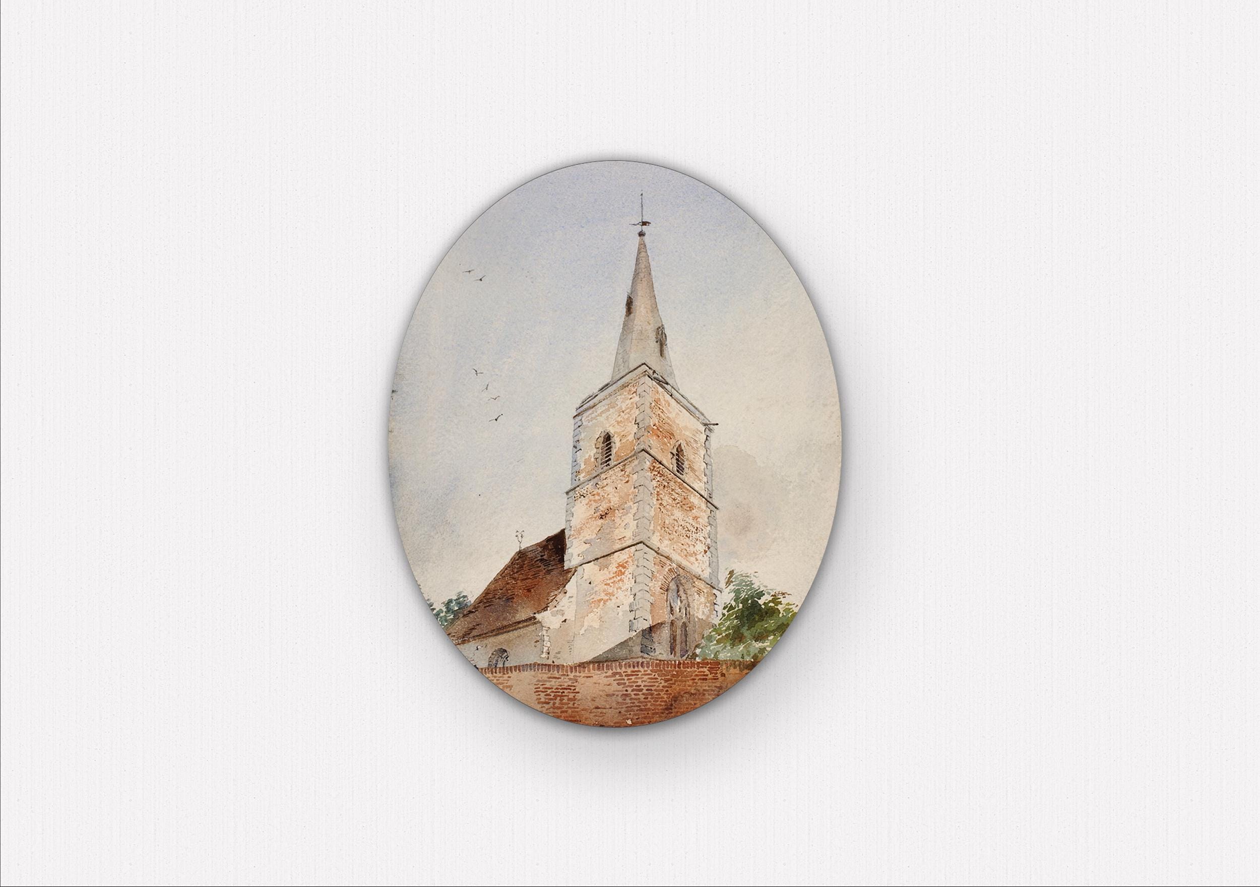 Oval Unframed Art Print, Vintage Church Painting Print, Round Art Print ...