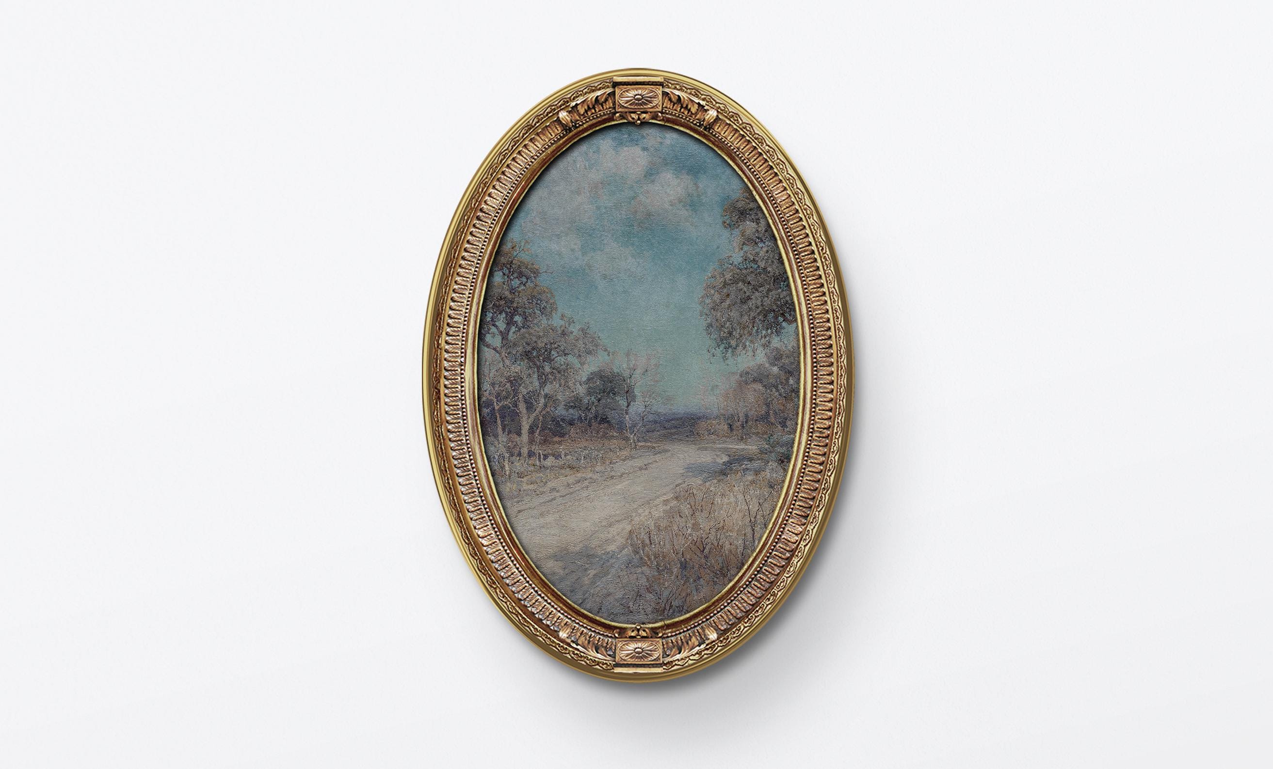 Oval Art Print, Vintage Nature Landscape Painting, Round Countryside ...