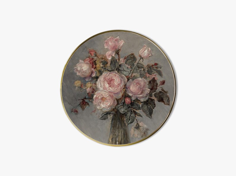 Round Unframed Art Print, Vintage Floral Painting, Circular Still Life ...